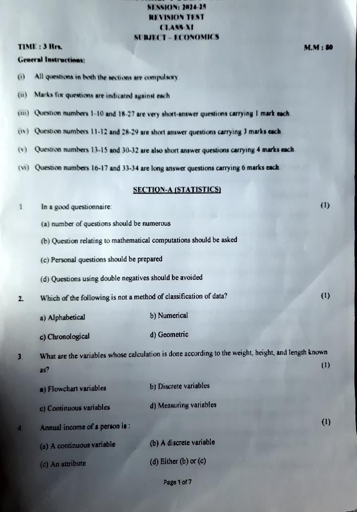 Class 11 Revision Test 2024-25 Question Paper Economics