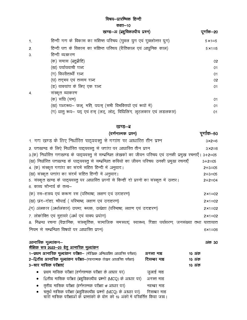 UP Board Class 10 Syllabus 2023 Hindi Elementry