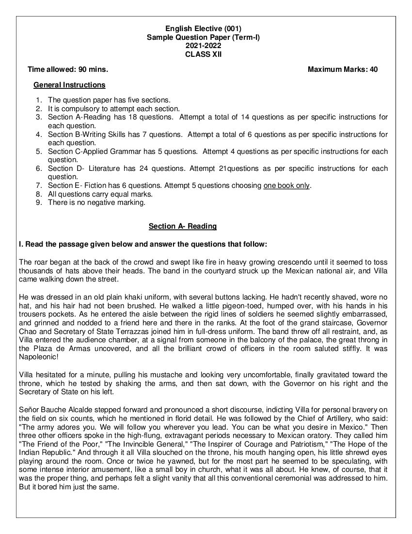 CBSE Class 12 Sample Paper 2022 For English Elective Term 1