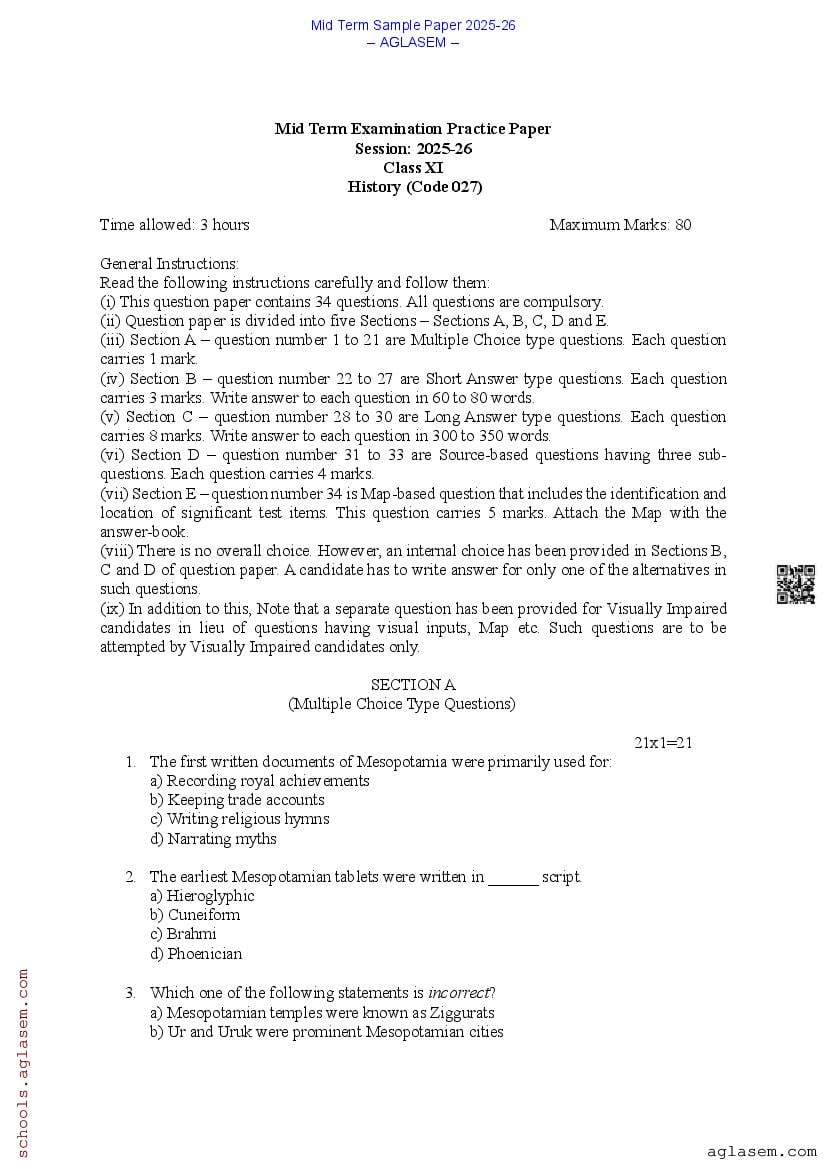 Class 11 History Mid Term Sample Paper 2025 PDF | Download PT1 / Term 1 Practice Paper - AglaSem