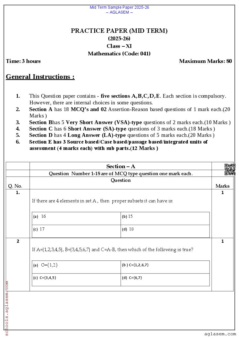 Class 11 Math Mid Term Sample Paper 2025 PDF | Download PT1 / Term 1 Practice Paper - AglaSem