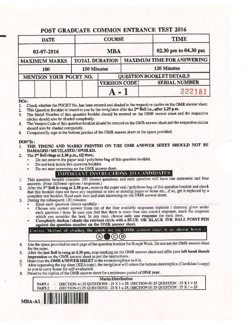 Karnataka PGCET 2016 Question Paper MBA
