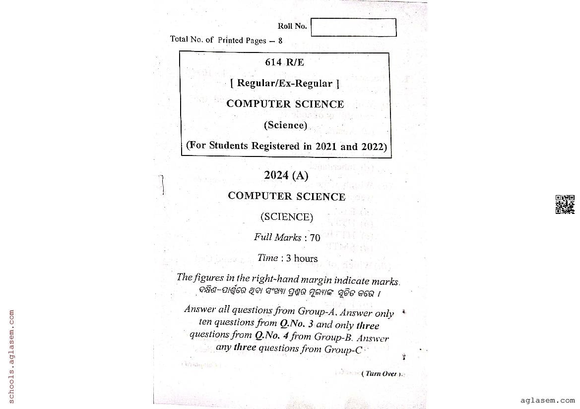 Odisha CHSE Class 12 Computer Science Question Paper 2024 (PDF) - AglaSem