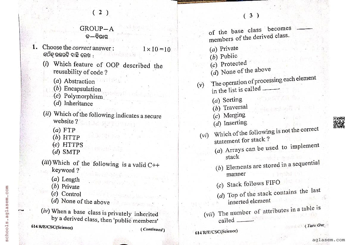 Odisha CHSE Class 12 Computer Science Question Paper 2024 (PDF) - AglaSem