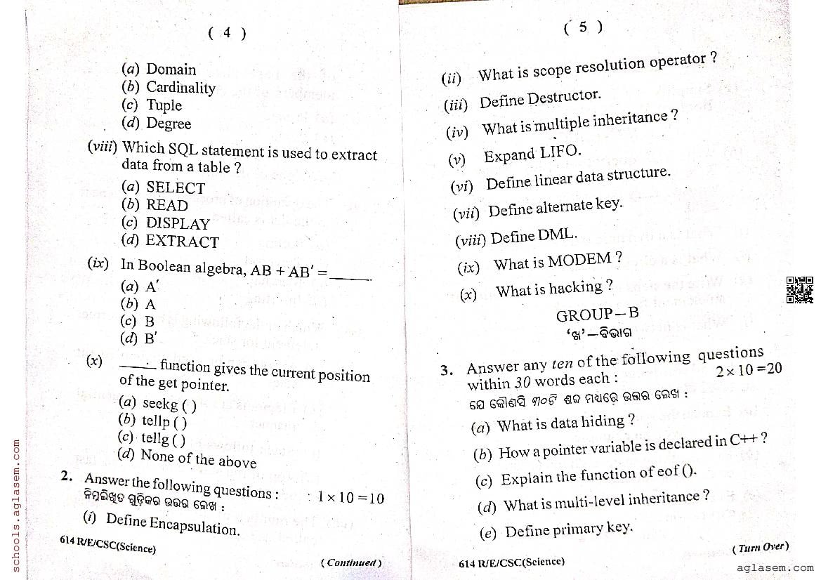 Odisha CHSE Class 12 Computer Science Question Paper 2024 (PDF) - AglaSem