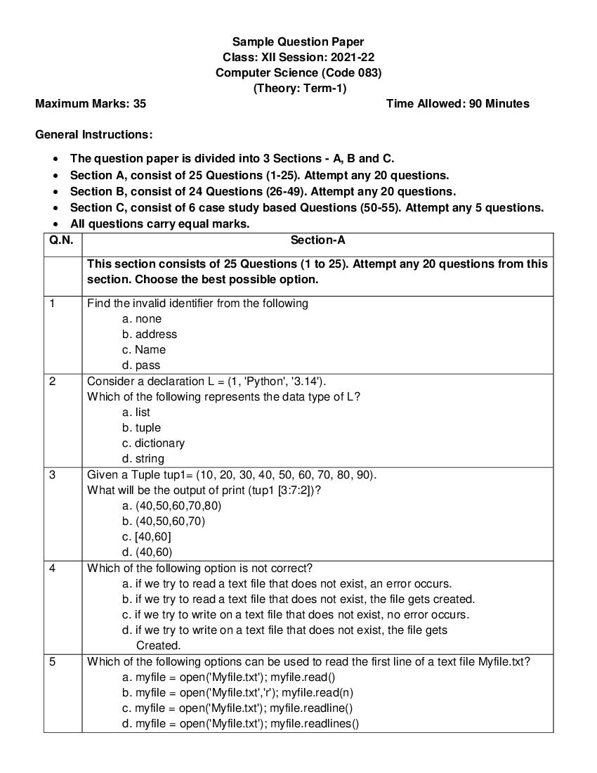 CBSE Class 12 Sample Paper 2022 For Computer Science Term 1