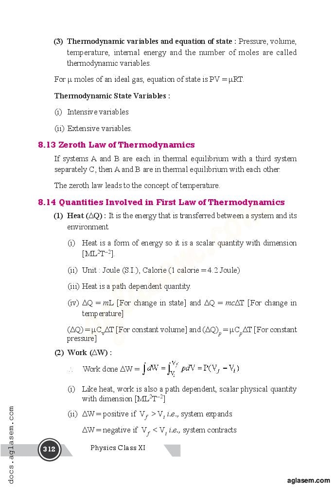 Class 11 Physics Notes for Thermodynamics (PDF) - Study Material - AglaSem