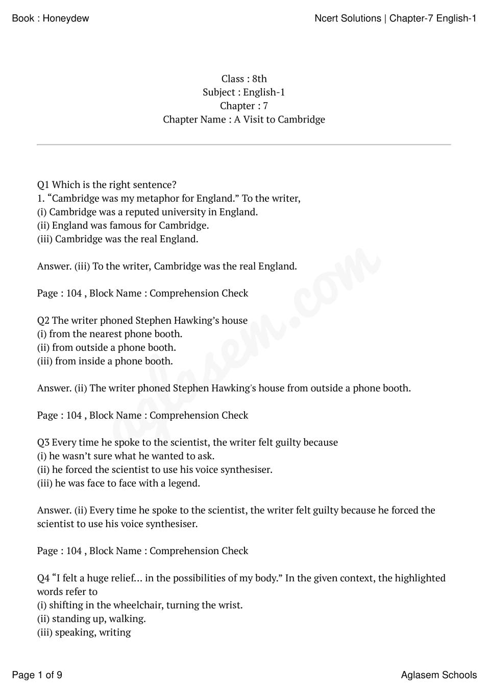 NCERT Solutions For Class 8 English Honeydew Chapter 7 A Visit To