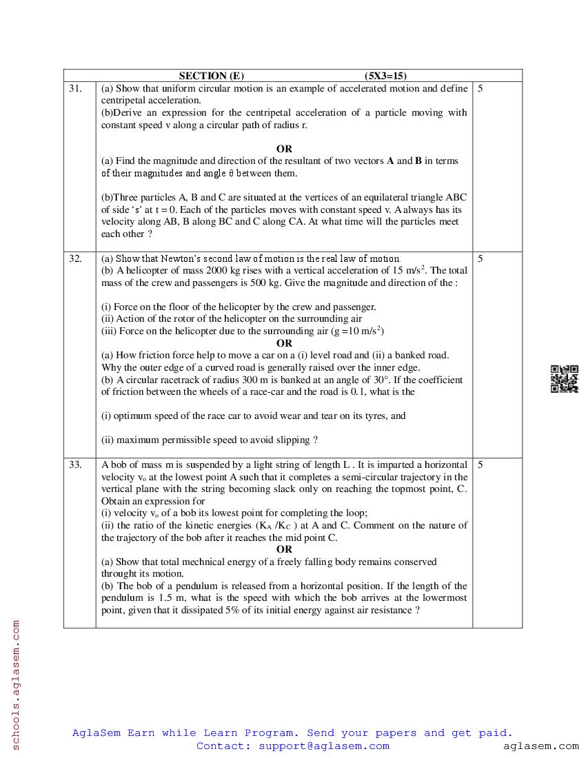 Class 11 Physics Mid Term Sample Paper 2025 PDF | Download PT1 / Term 1 Practice Paper - AglaSem
