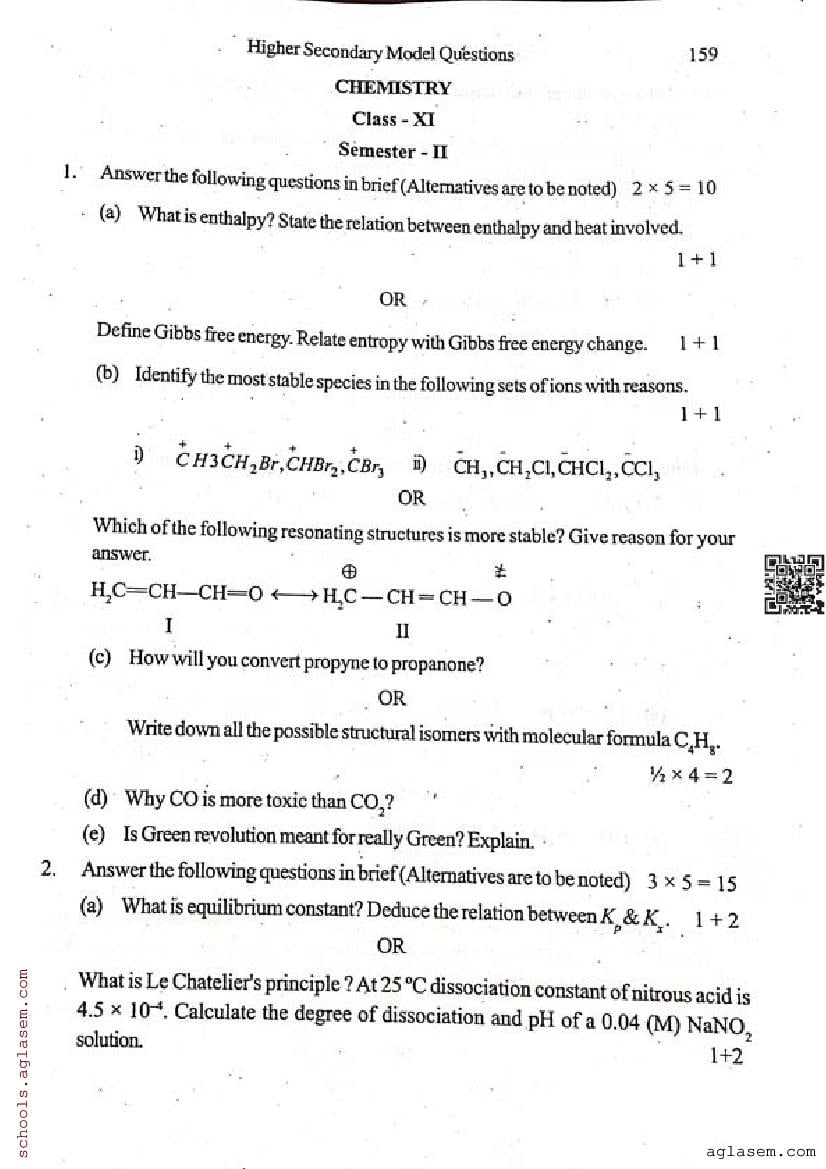 WBCHSE Class 11 Chemistry Semester 2 Model Question Paper 2026 - PDF ...