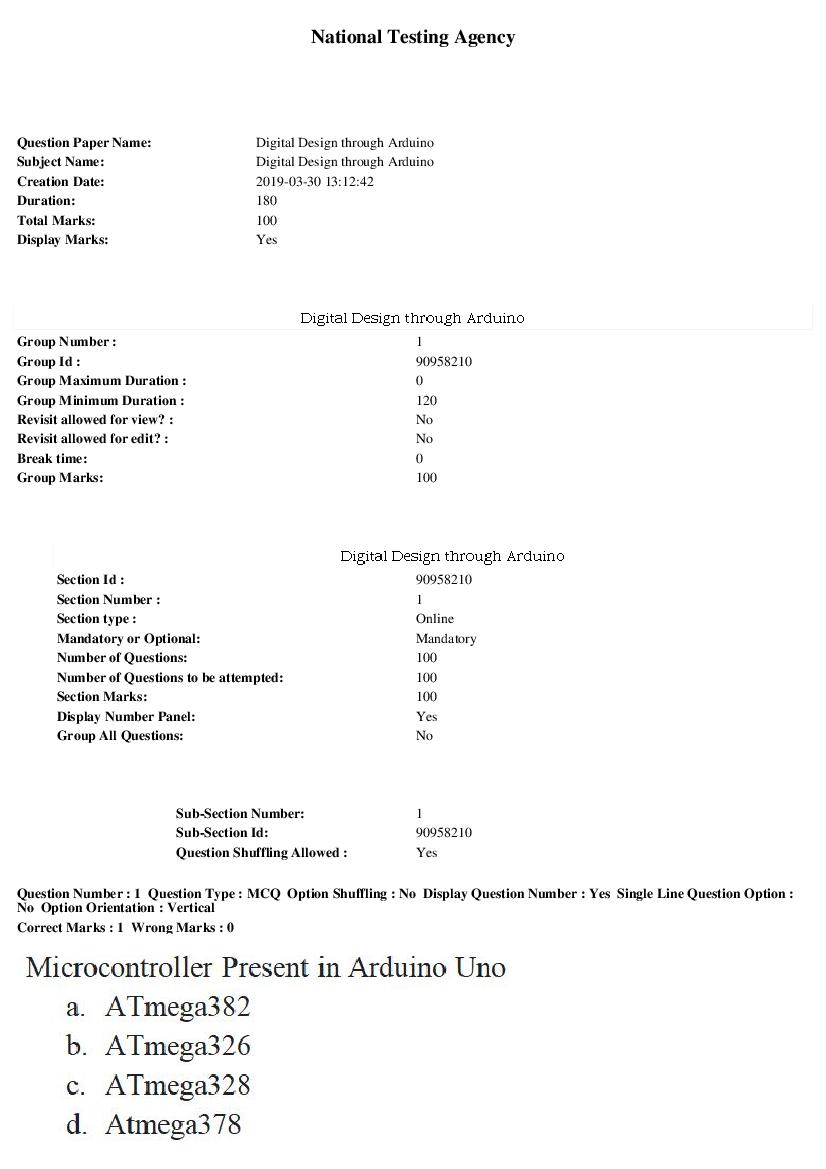 ARPIT 2019 Question Paper for Digital Design through Arduino