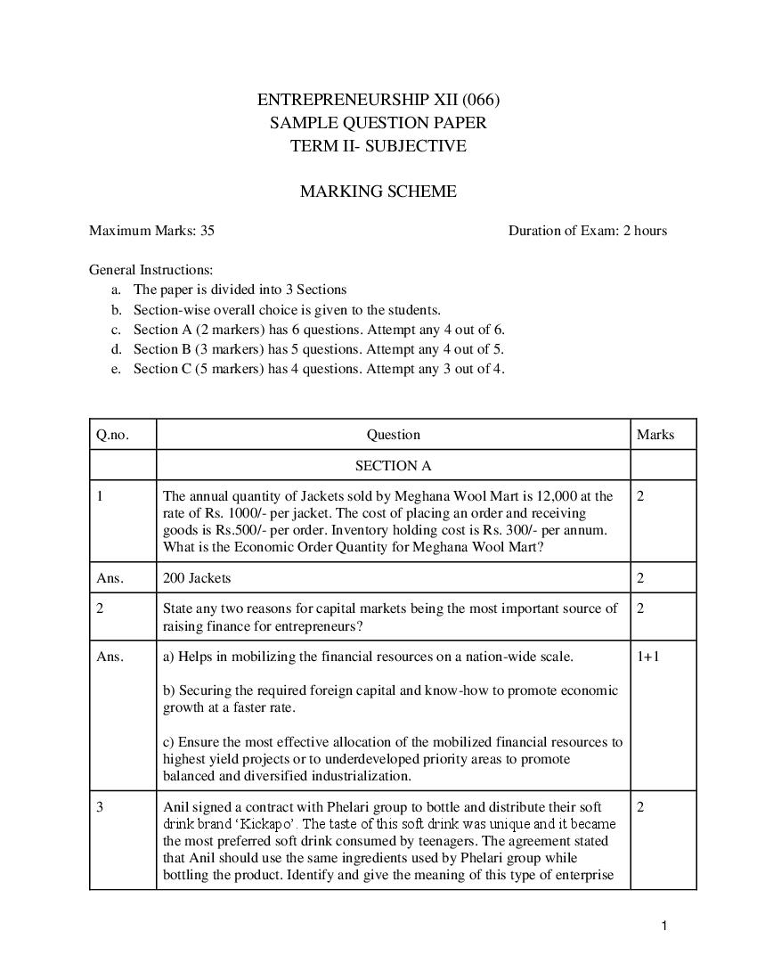 CBSE Class 12 Marking Scheme 2022 For Entrepreneurship Term 2 CBSE Class 12 Marking Scheme 2022 For Entrepreneurship Term 2