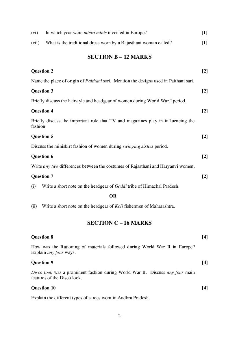 ISC Class 12 Sample Paper 2022 - Fashion Designing Specimen Question Paper