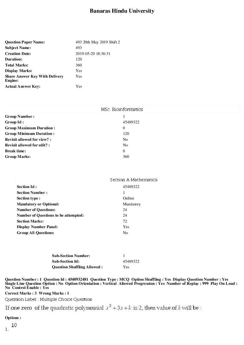 BHU PET 2019 Question Paper M Sc Bioinformatics BHU PET 2019 Question Paper M Sc Bioinformatics
