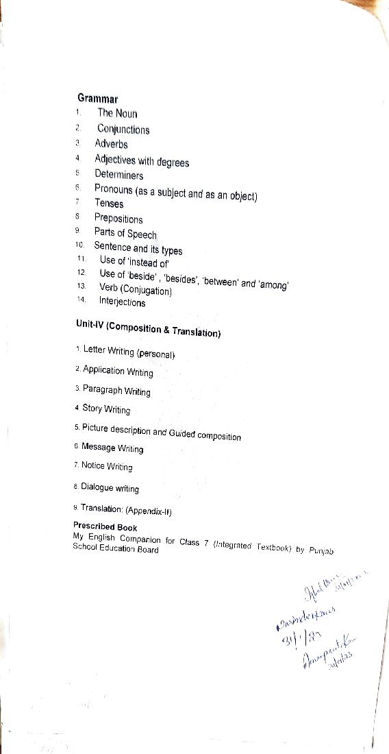 PSEB Class 7th English Syllabus 2024 PDF 