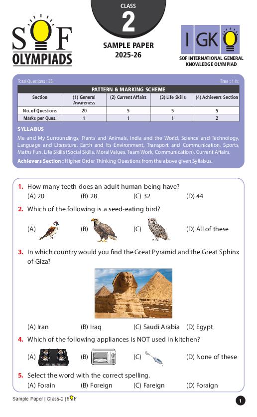 SOF IGKO Sample Paper 2026 Class 2
