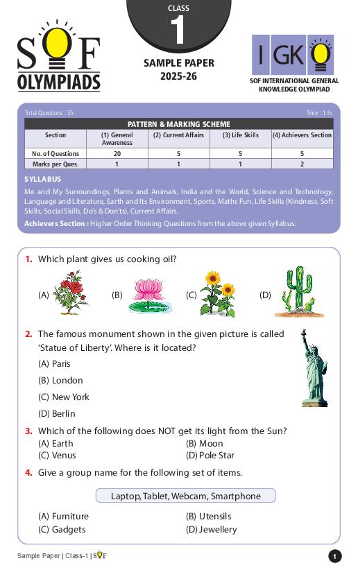 SOF IGKO Sample Paper 2026 Class 1