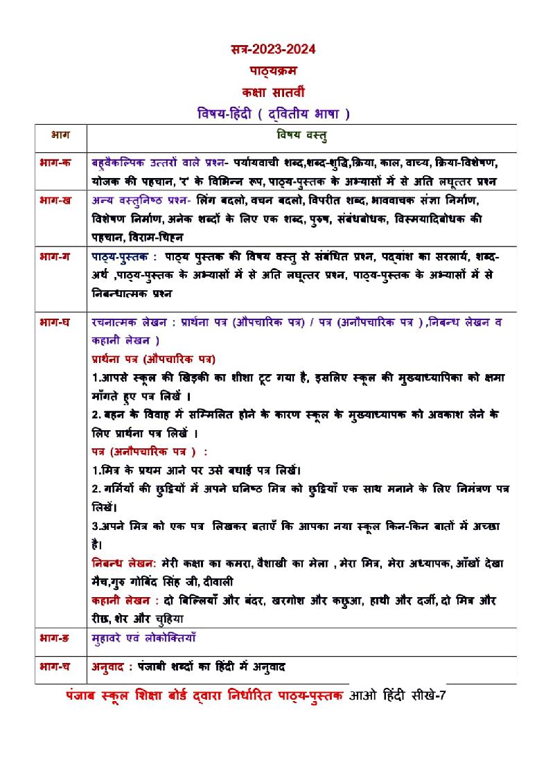 PSEB Class 7th Hindi Second Language Syllabus 2024 PDF PSEB Class 7th Hindi Second Language Syllabus 2024 PDF