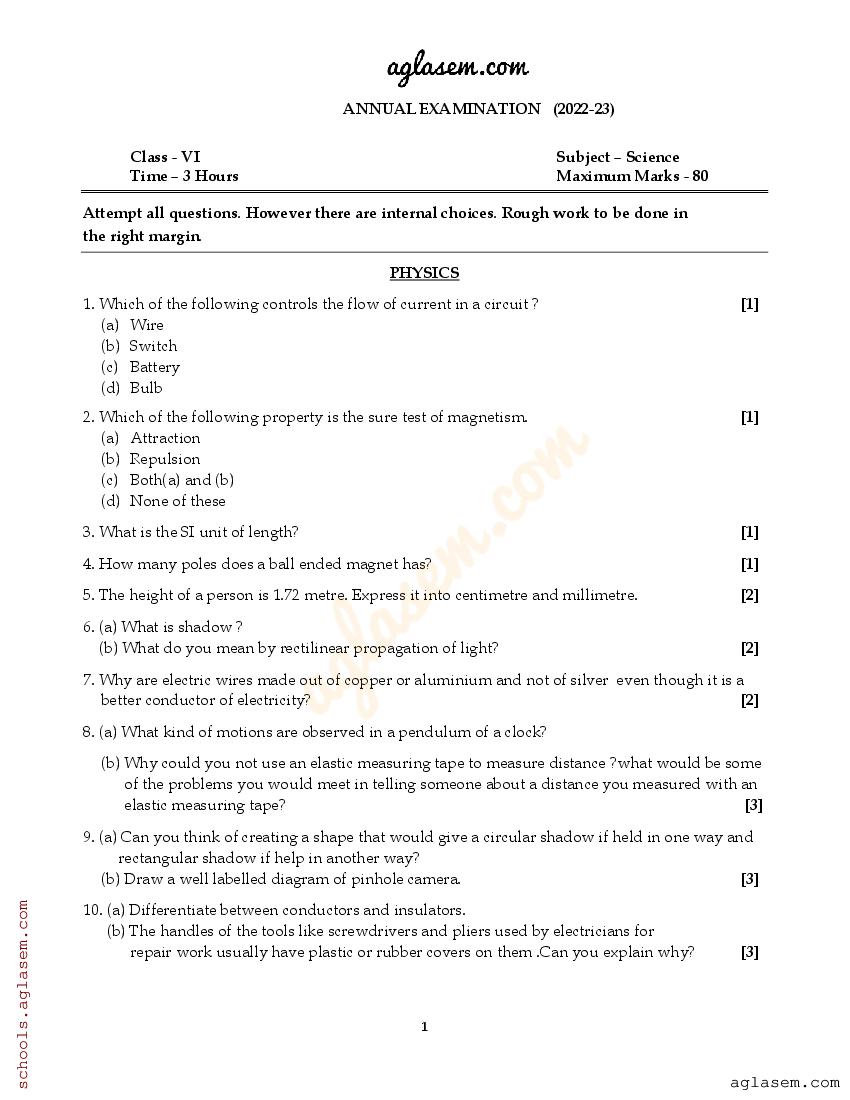 Class 6 Science Question Paper 2023 PDF 6th Annual Exam Science