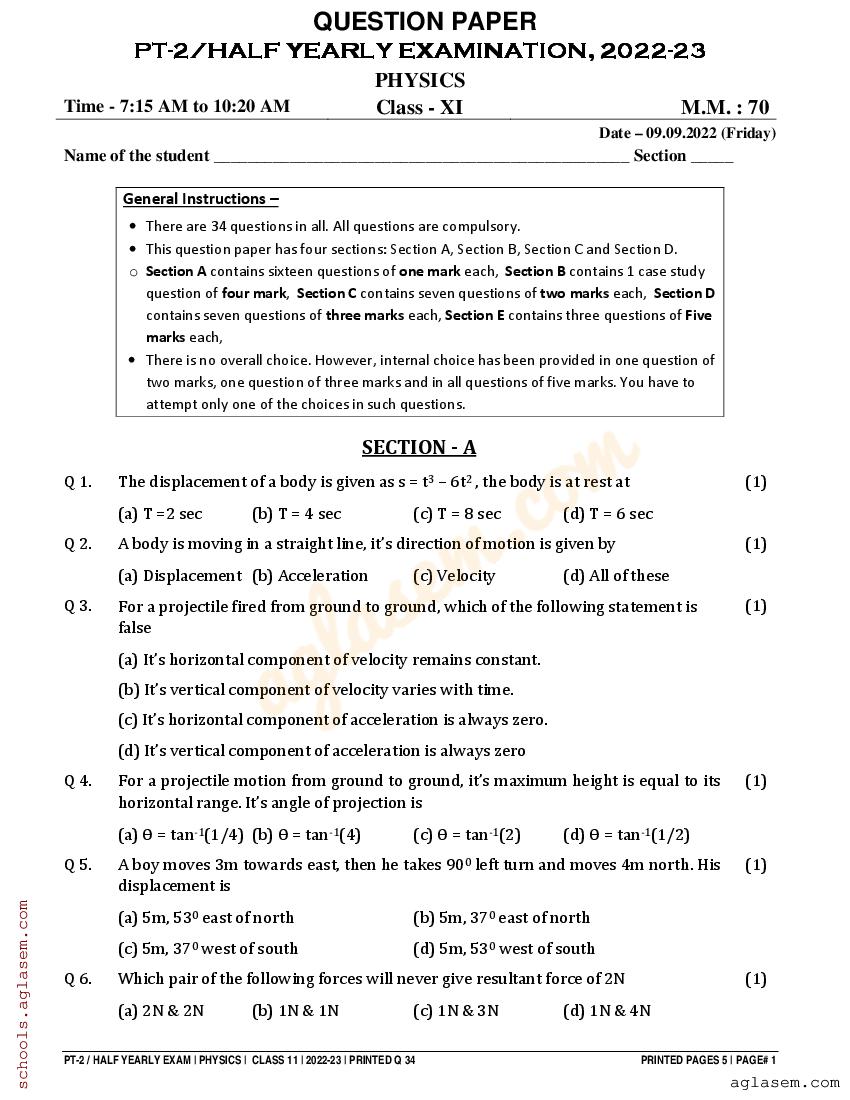 Class 11 Physics Half Yearly Question Paper 2024 Download 11th Half Class 11 Physics Half Yearly Question Paper 2024 Download 11th Half