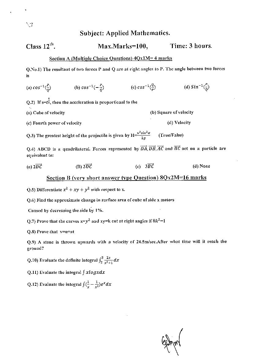 JKBOSE 12th Applied Maths Model Paper 2024 PDF NCERT Expert