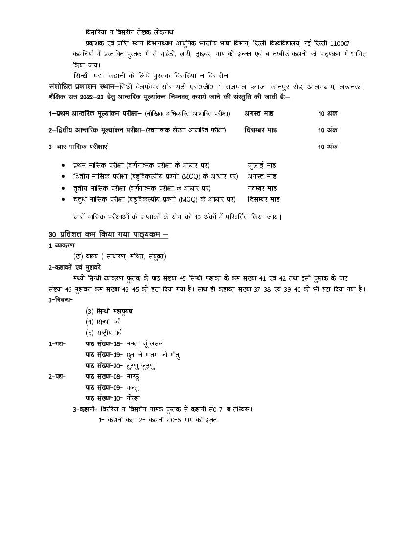 UP Board Class 10 Syllabus 2023 Sindhi - PDF Download