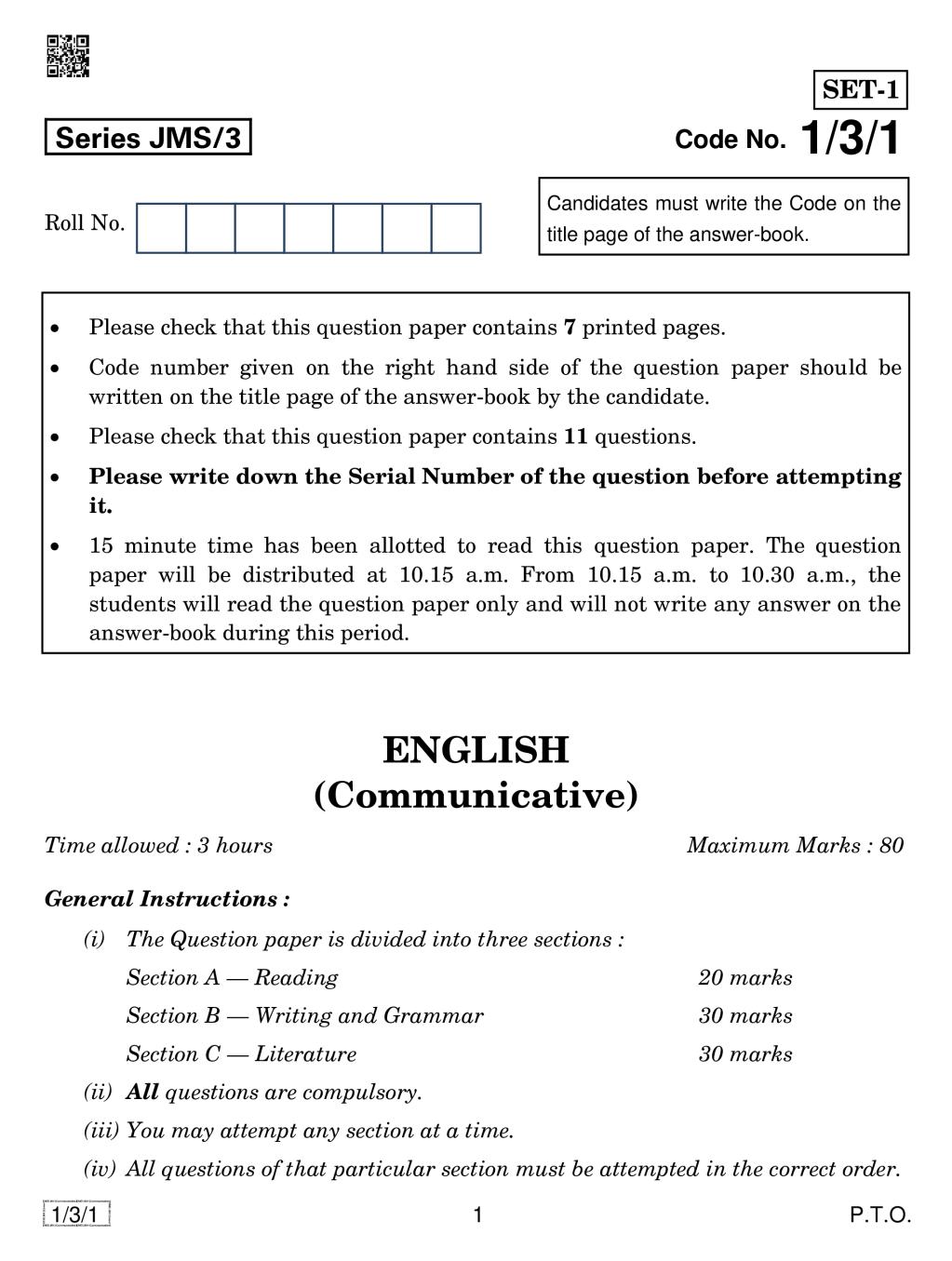 CBSE Class 10 English Communicative Question Paper 2019 Set 3 CBSE Class 10 English Communicative Question Paper 2019 Set 3