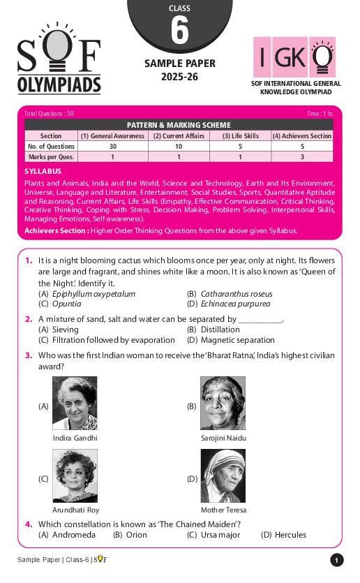 SOF IGKO Sample Paper 2026 Class 6