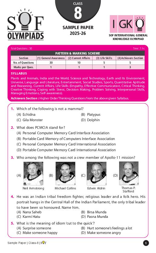 SOF IGKO Sample Paper 2026 Class 8