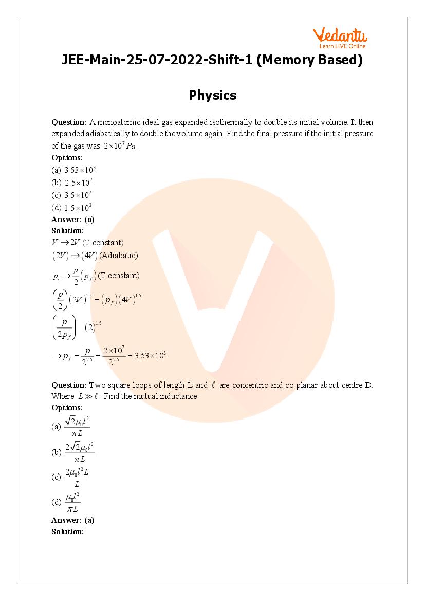 JEE Main 25th July 2022 Shift 1 Question Paper With Solutions By Vedantu jee-main-25th-july-2022-shift-1-question-paper-with-solutions-by-vedantu