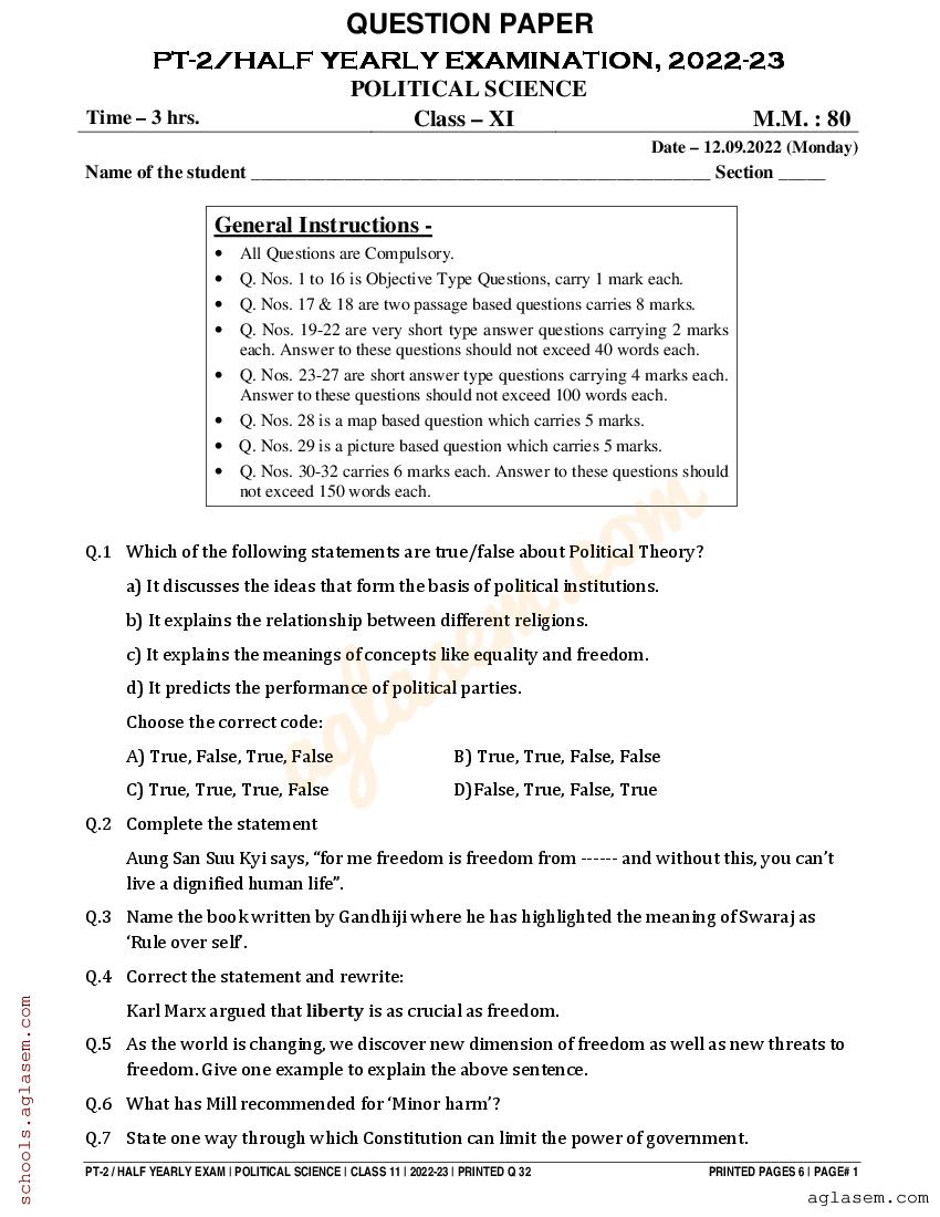 Class 11 Political Science Half Yearly Question Paper 2024 Download