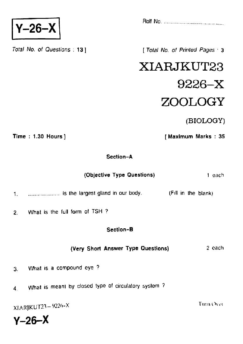 JKBOSE Class 11th Biology (Zoology) Question Paper (PDF) - 2024, 2023, 2022 - AglaSem