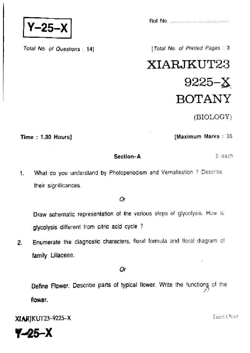 JKBOSE Class 11th Biology (Botany) Question Paper (PDF)