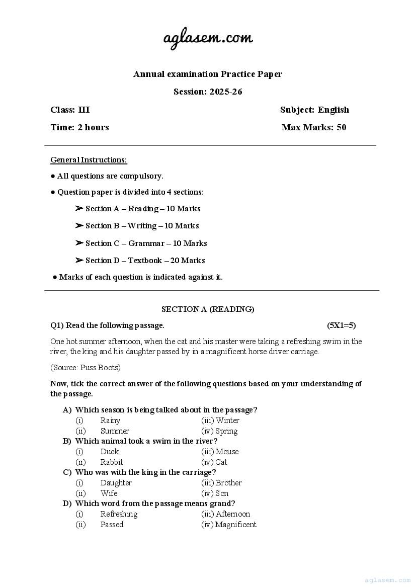 Class 3 English Sample Paper 2026 PDF - Download English Model Question ...