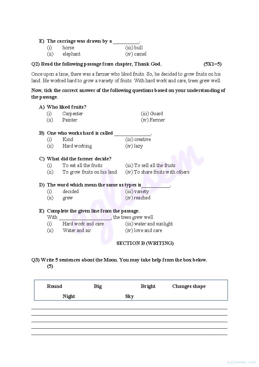 Class 3 English Sample Paper 2026 PDF - Download English Model Question Paper - AglaSem