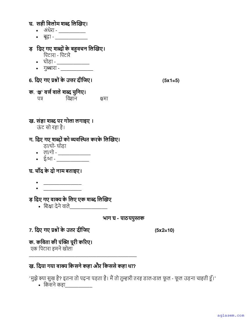 Class 3 Hindi Sample Paper 2026 PDF - Download Hindi Model Question ...