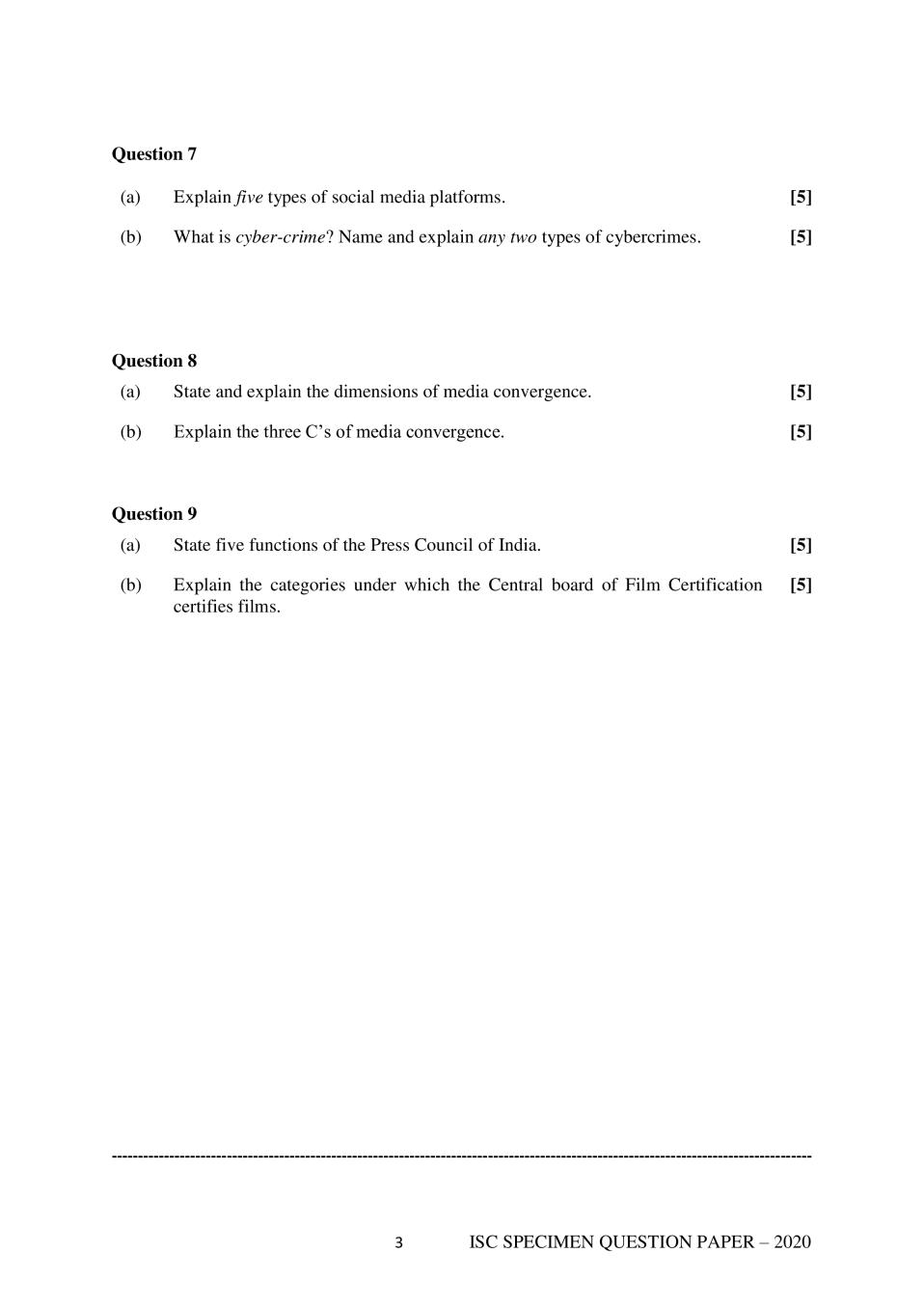 ISC Class 12 Sample Paper 2020 - Mass Media and Communication Specimen ...