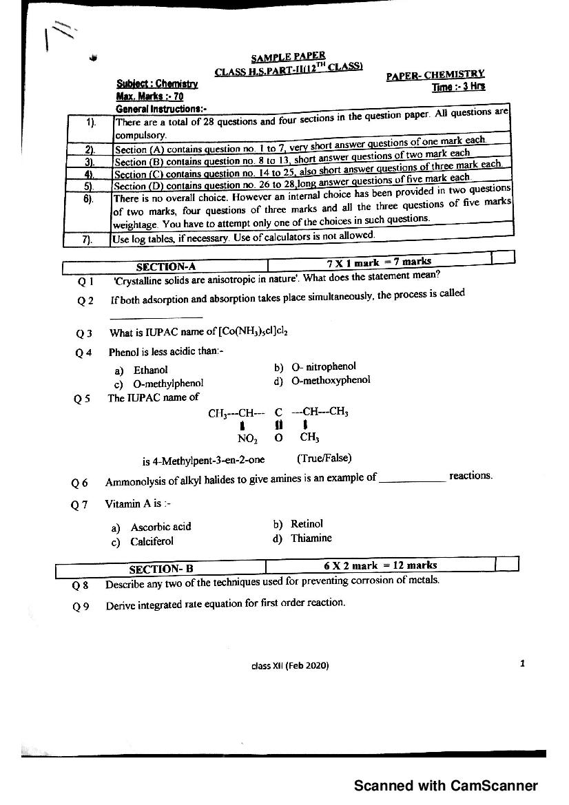JKBOSE Class 12 Model Question Paper 2021 For Chemistry