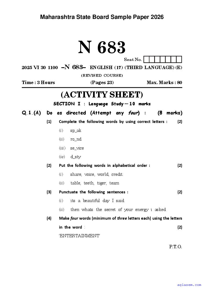 Class 10 English Third Language Sample Paper 2026 Maharashtra Board ...