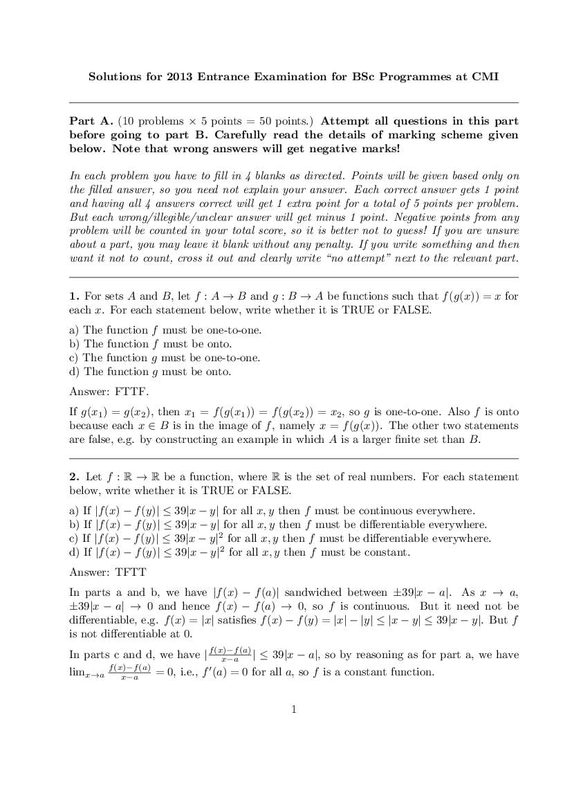 CMI Entrance Exam 2013 Question Paper Solution B.Sc Maths & Computer