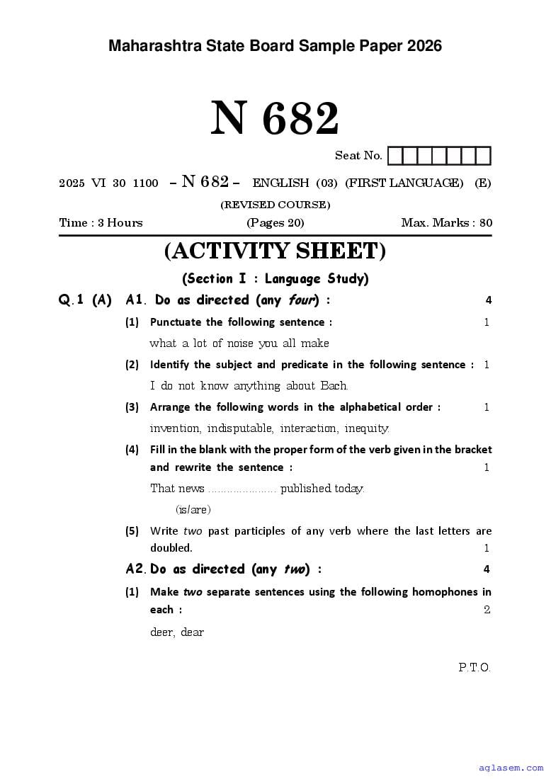 Class 10 English Sample Paper 2026 Maharashtra Board (PDF) - Maha Std ...