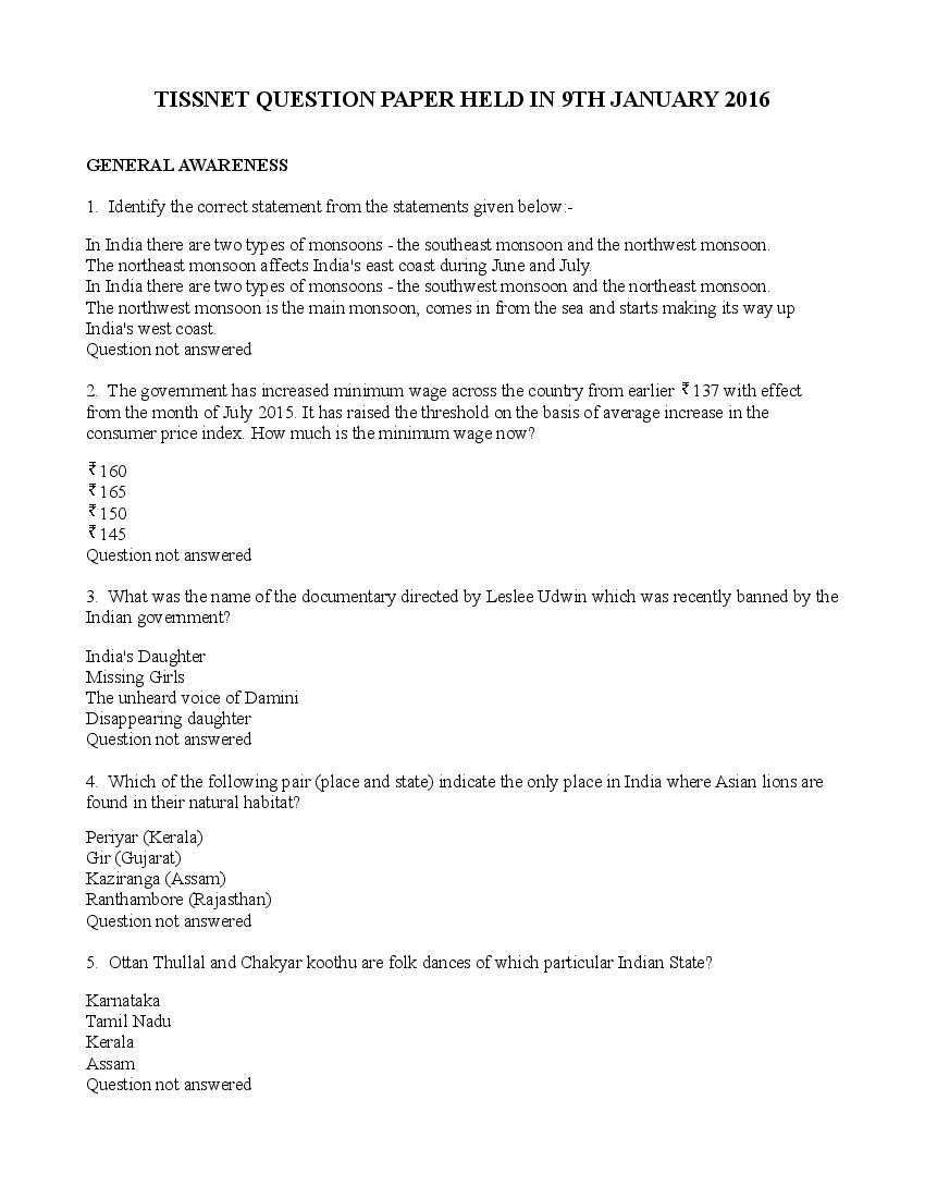 TISSNET 2016 Question Paper With Answers TISSNET 2016 Question Paper With Answers
