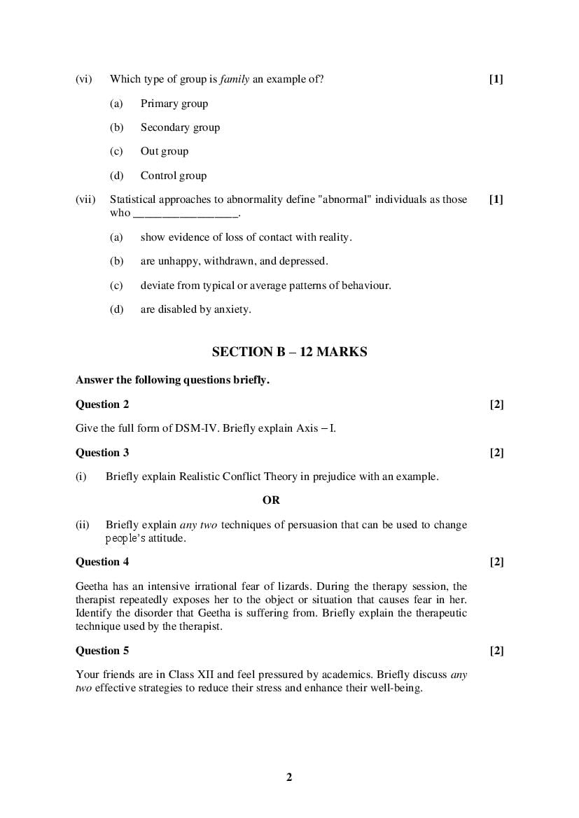 ISC Class 12 Sample Paper 2022 - Psychology Specimen Question Paper
