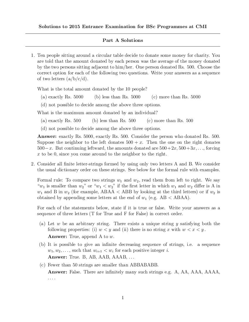 CMI Entrance Exam 2015 Question Paper Solution B.Sc Maths & Computer