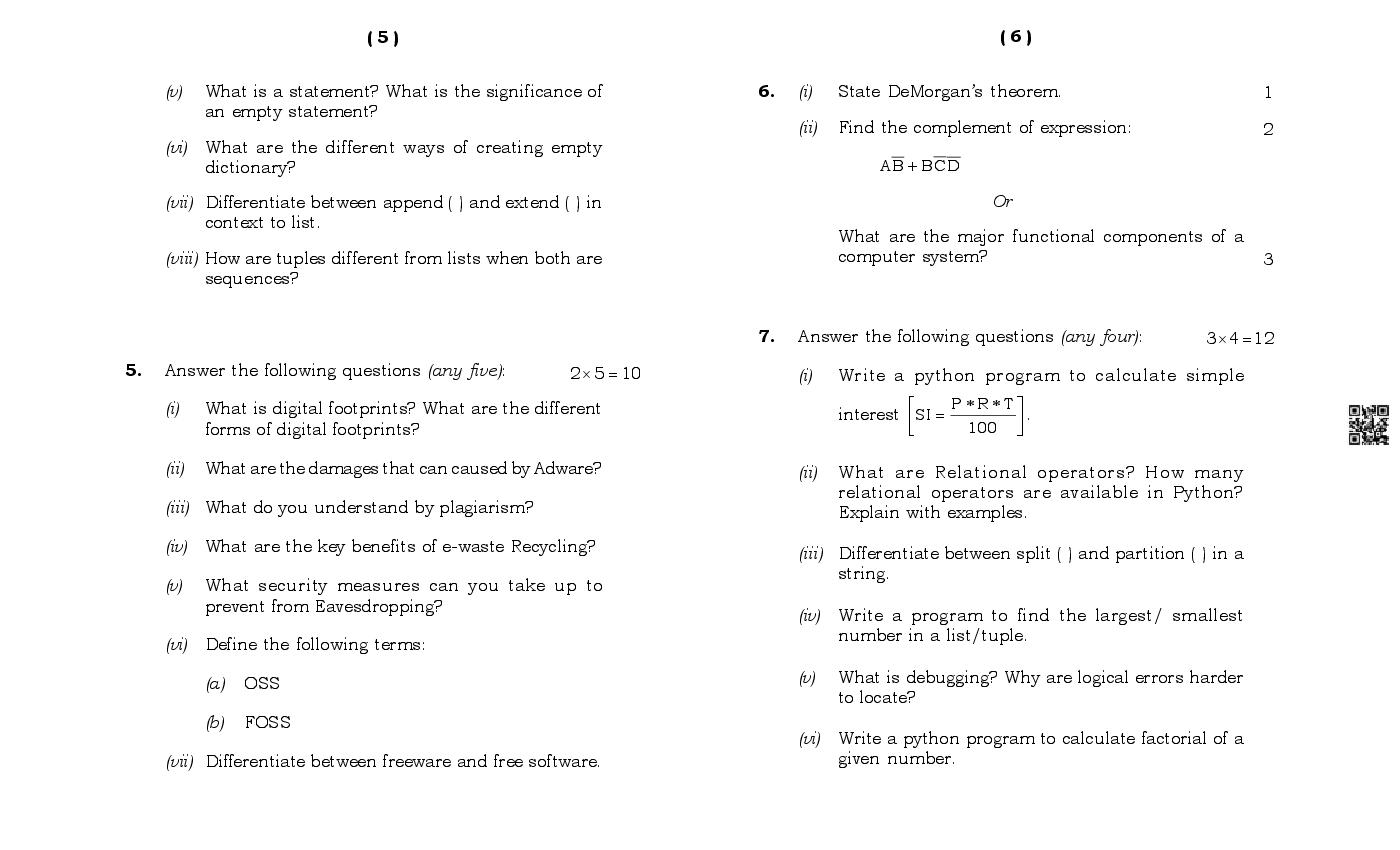 MBOSE Class XI Computer Science Sample Question Paper 2025 (PDF) - Meghalaya Board 11th Sample ...