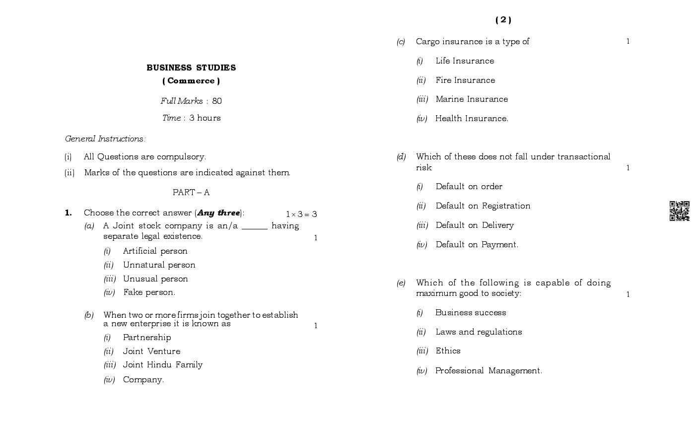 MBOSE Class XI Business Studies Sample Question Paper 2025 (PDF ...