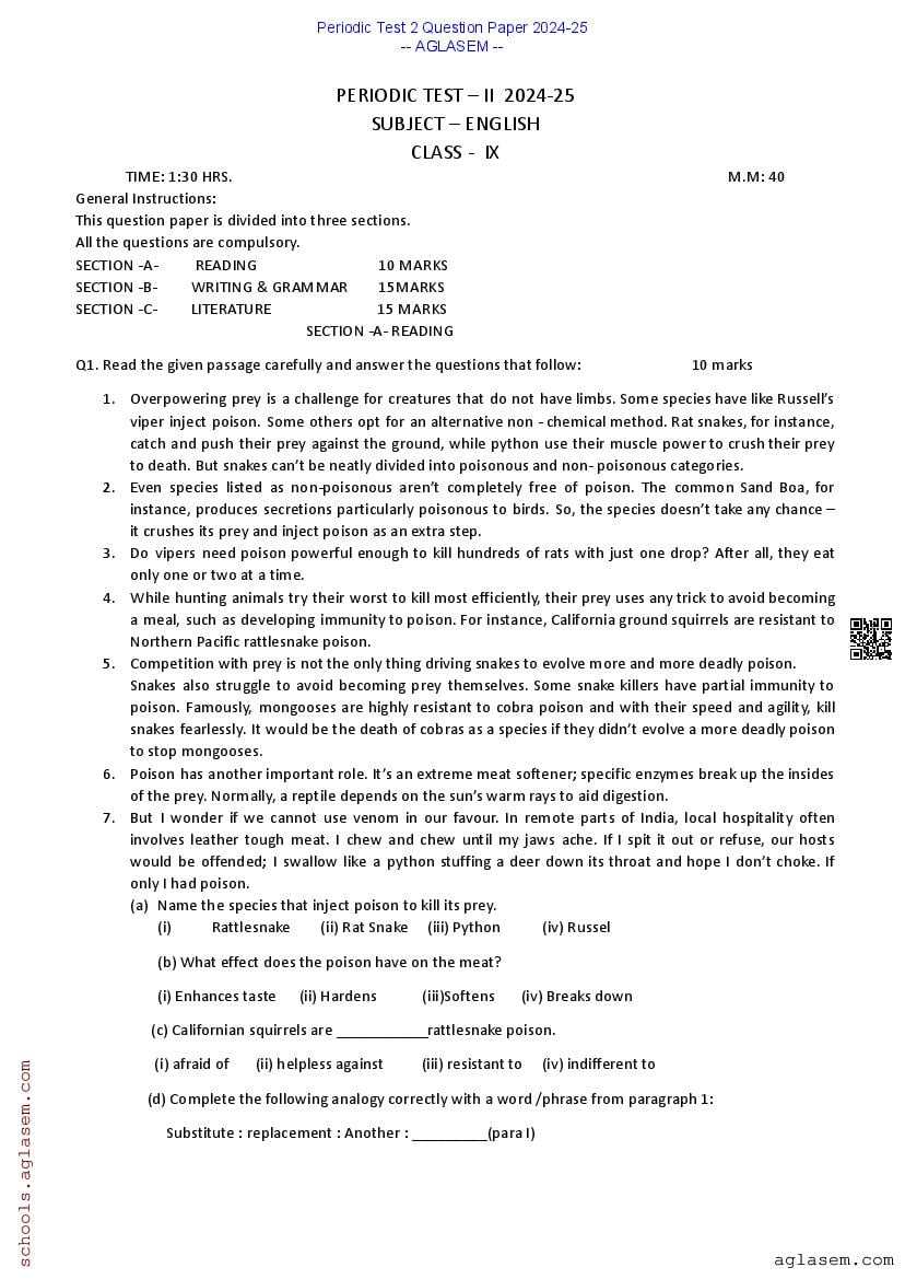 Class 9 PT 2 Question Paper English 2024-25 PDF | Download Periodic ...