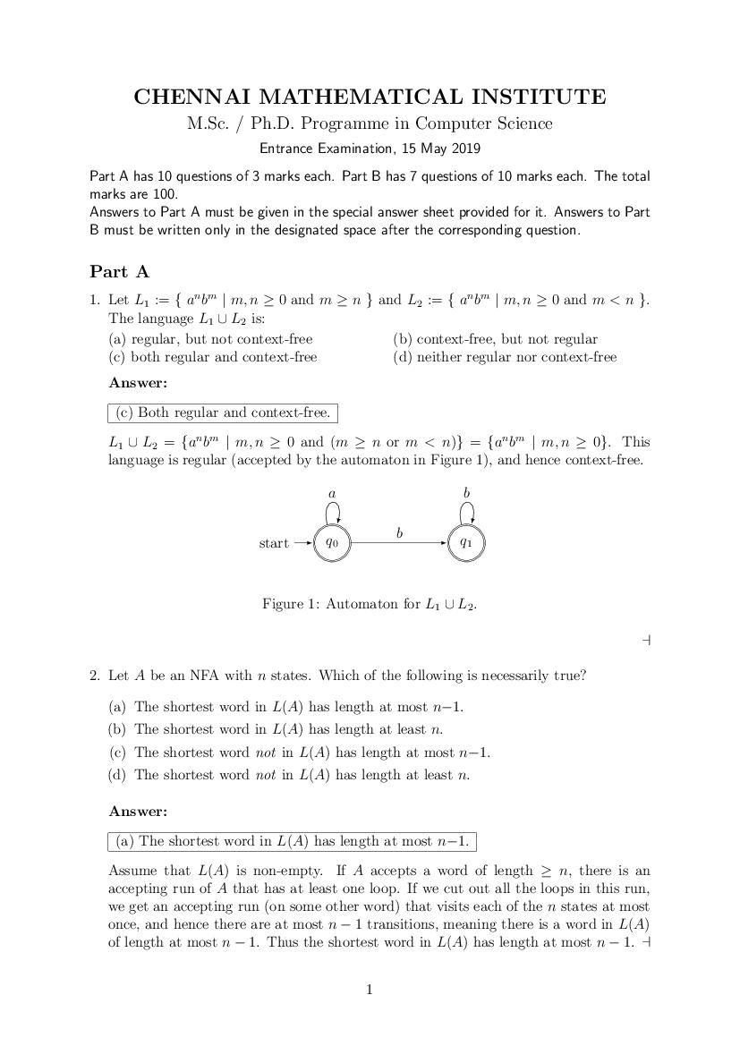 CMI Entrance Exam 2019 Question Paper Solution M.Sc Computer