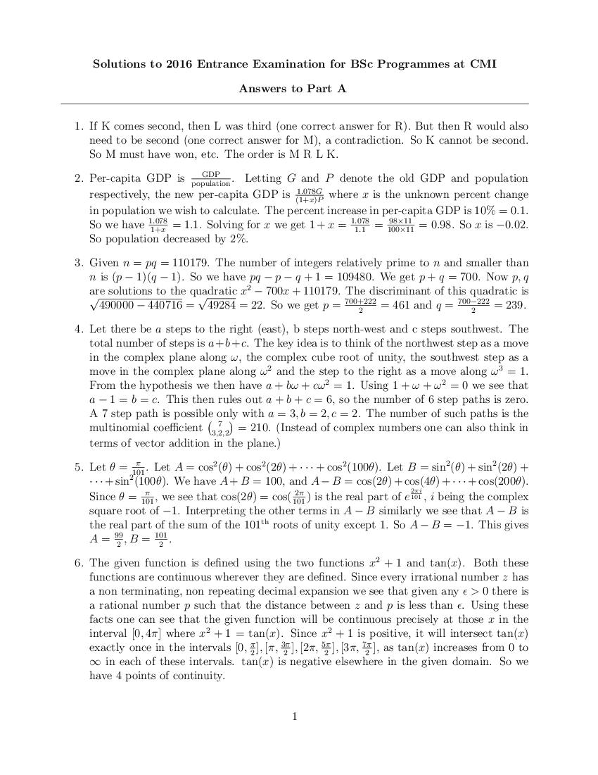 CMI Entrance Exam 2016 Question Paper Solution B.Sc Maths & Computer