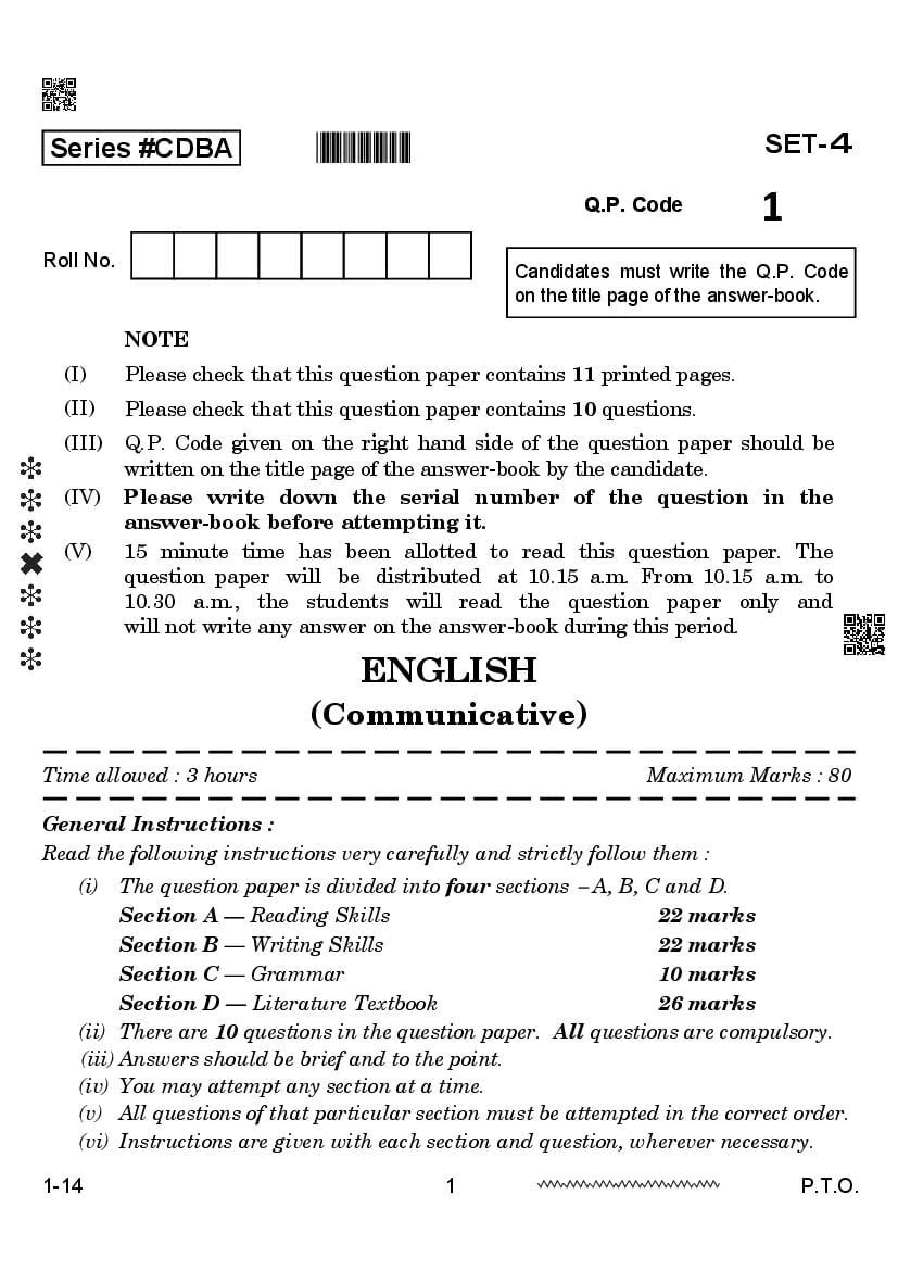 CBSE Class 10 English Communicative Question Paper 2024 (PDF ...